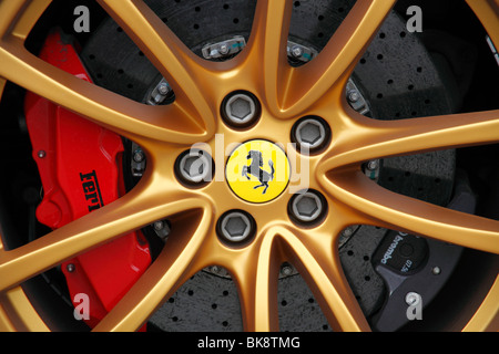 Alloy wheel of a Ferrari car and huge disk brakes by Brembo Stock Photo ...