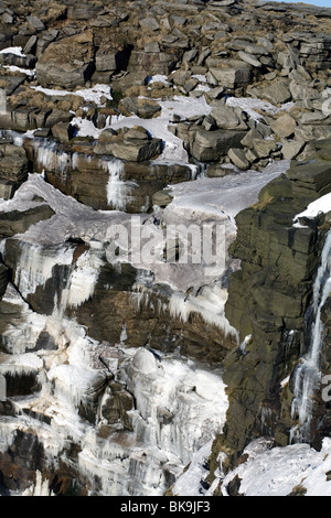 A frozen Kinder Downfall waterfall, Kinder Scout, Pennine Way, Peak ...