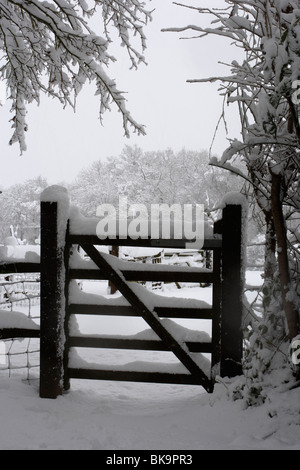 Snow-covered field and gate country landscape Stock Photo - Alamy