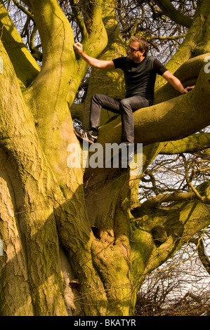 Nude man climbing on tree branches Stock Photo - Alamy