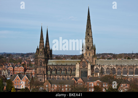 Aerial view of Lichfield Cathedral and city with Stowe Pool visible ...