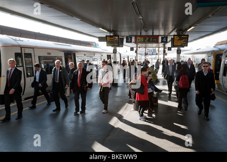 Passengers getting off a train at London Kings Cross railway station ...