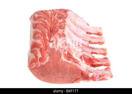Fresh cut slab of raw pork rib meat in white tray on white background ...
