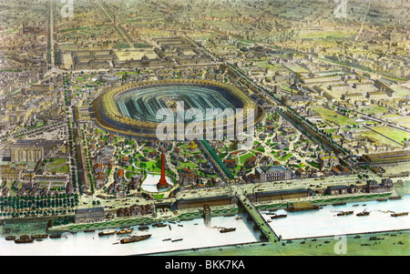 Contemporary lithograph colour print showing an aerial view of the ...