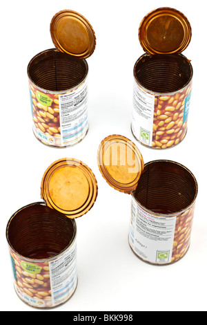 Close up baked bean can label showing package recycling information ...