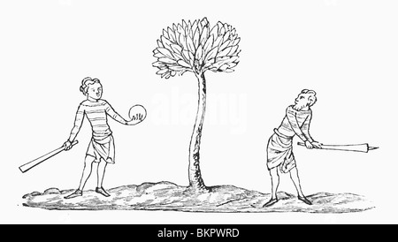 Club-ball, early 14th century. Two men playing Medieval sport in ...