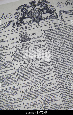 Close up a reproduction of the first edition of The Times Newspaper ...