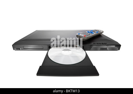 DVD player ejecting disc with remote control isolated on white ...
