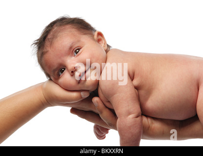 happy Hispanic newborn baby with very soft skin being held up by parent ...