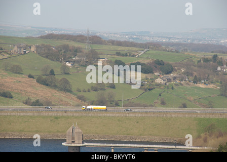 The M62 motorway passing over Scammonden Dam (between Huddersfield ...