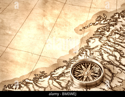 Ancient map of Europe and antique compass. Map is from 1786 and is out ...