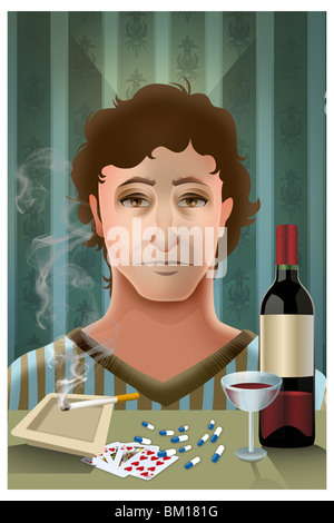 Front view of drug addict man surrounded with tablets and capsules ...