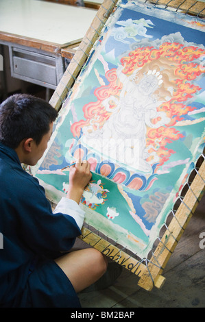 Thangka painters at the National Institute for Zorig Chusum Pedzoe, (Painting School), Thimphu ...