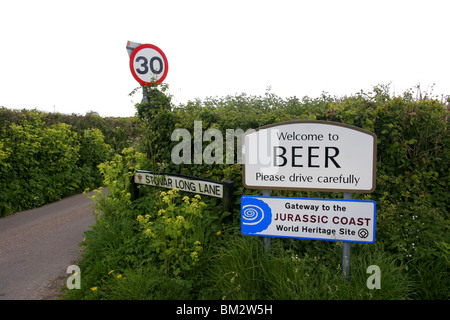 Welcome to Beer village sign, Devon, England Stock Photo - Alamy