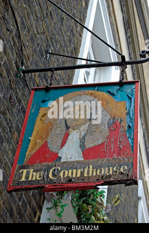 bogus pub sign marking the location of an 18th century courthouse in ...