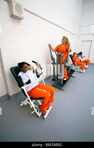Multi-ethnic City Jail Womens Unit inmates use exercise yard equipment ...