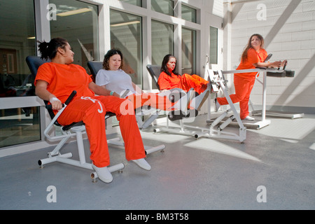 Multi-ethnic City Jail Womens Unit inmates use exercise yard equipment ...
