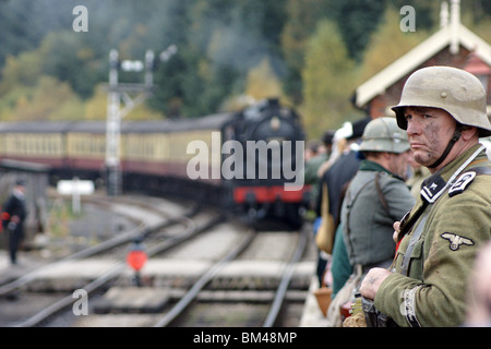 WW2 Re-enactment. German Waffen SS officer, portrait. Close up, head ...