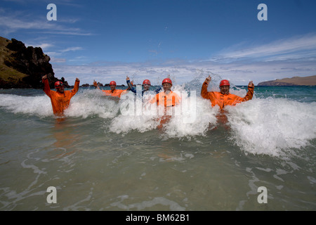 Fun swim in the surge at Easter Island Rapa Nui Isla de Pascua Chile ...