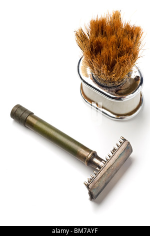 Vintage razor with shaving brush, isolated on plain background Stock ...