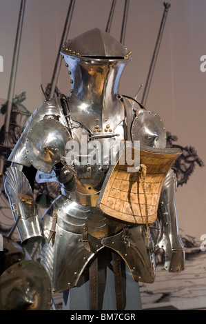 Paris, France. An armor of a medieval knight on a statue of a horse in ...