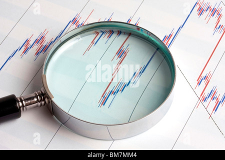 Analyzing the stock market with magnifier Stock Photo - Alamy