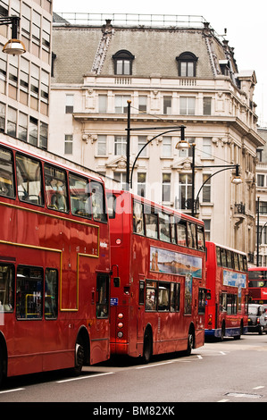 traffic jam buses bus queue London red routemaster Stock Photo - Alamy