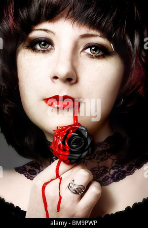 Portrait of a beautiful sad goth girl. Grunge texture effect Stock ...