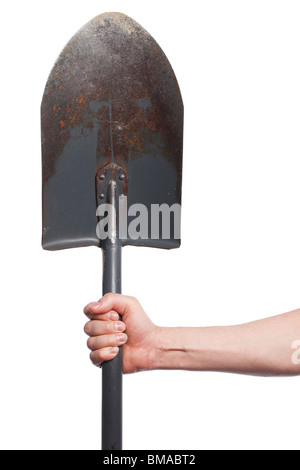 Man holding a worn metallic spade Stock Photo - Alamy