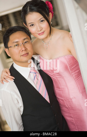 Portrait of cheery couple man and woman 30s listening to music together ...