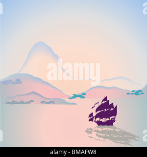 old ship sunset at sea illustration 3d rendering Stock Photo - Alamy