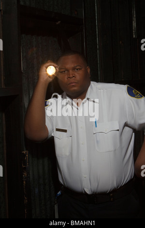 Security guard investigates with torch Stock Photo - Alamy