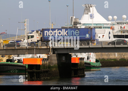 Dublin Port Ireland and a Norfolkline company truck crossing the East ...