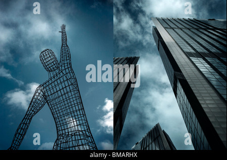sculpture of a man stretching reaching up to the sky, blue with moody ...