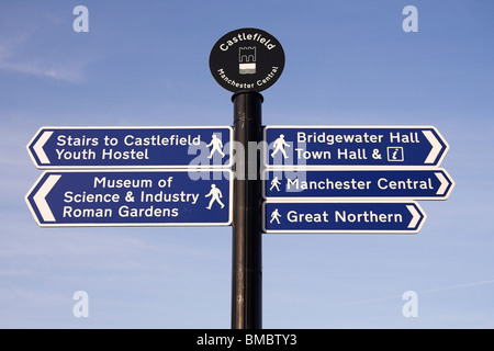 Manchester central Castlefield directions signpost with blue sky ...