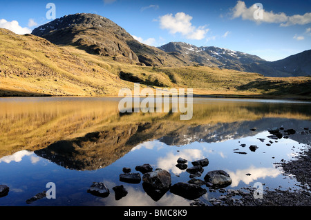 Great End and Scafell Pike reflected in Styhead Tarn in winter in the ...