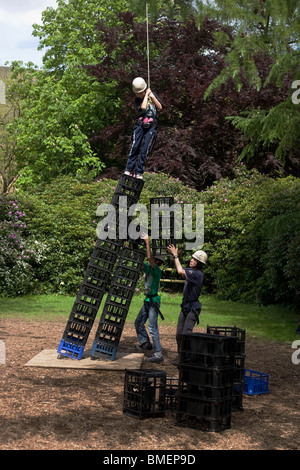 Crate stacking activity test for young boys at YHA Edale Stock Photo ...