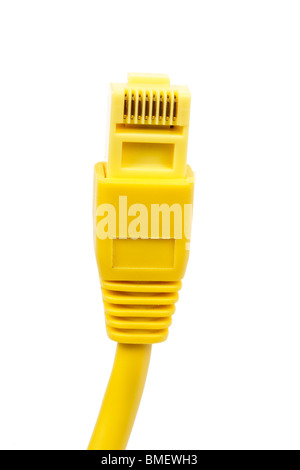Yellow network cable on white background Stock Photo - Alamy