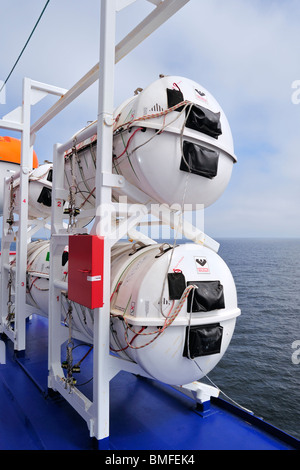 Inflatable liferaft in hard-shelled white canister. Modern passenger ...