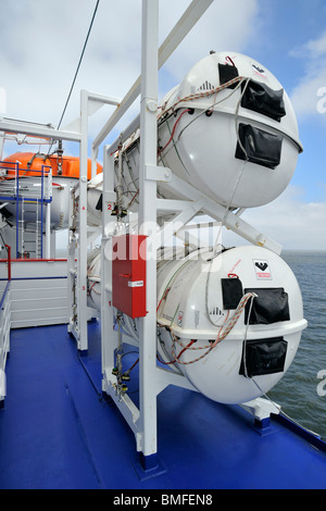 Inflatable liferaft in hard-shelled white canister. Modern passenger ...