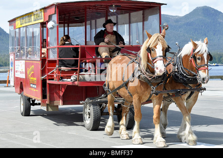 Ketchikan, Alaska, horse-drawn tour bus on cruise ship dock of city ...