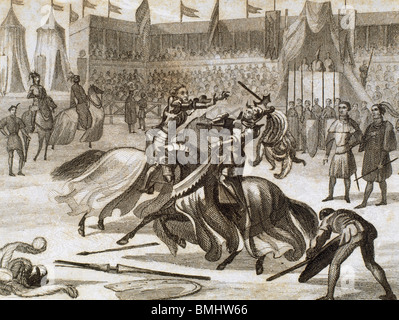 Middle Ages, knights, tournament, knights fighting on foot with lances ...