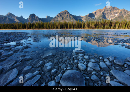 the Athabasca River with Mt Fryatt & Brussels Peak at dawn, Jasper ...