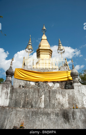 Golden Wat That Chomsi temple Stupa on Mount Phousi in Luang Prabang ...