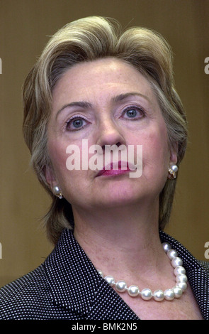 Senator Hillary Clinton appears on a TV as she gives her speech during ...