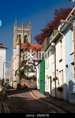 UK, England, Devon, Brixham, All Saints Church tower above Smuggler’s ...