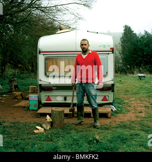 Mark Boyle outside his caravan near Bristol. Mark is part of the ...