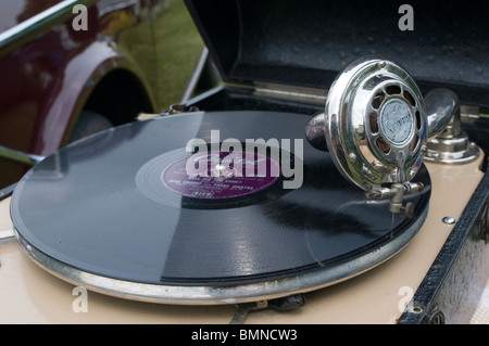Record player deck, turntable, with 33 rpm, LP, record being played ...