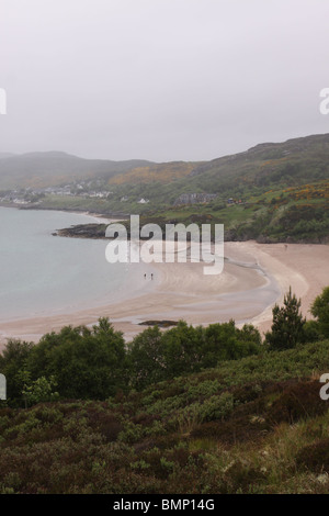 View of Gairloch Beach (Gaineamh Mhòr) looking north with coastal town ...