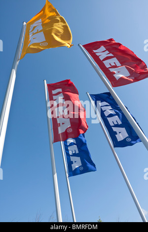 Yellow, blue & red IKEA flags outside store. Warrington, UK. Taken 12th ...